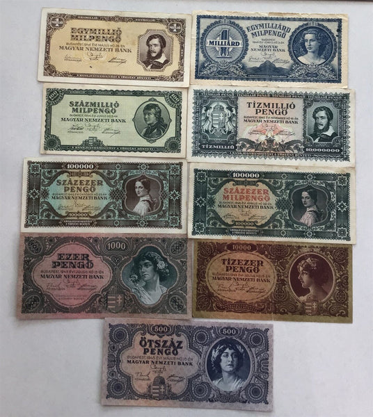 Hungary 1945~6 500 Forint Assortment of 17. Hyper inflation notes ~Bil ...